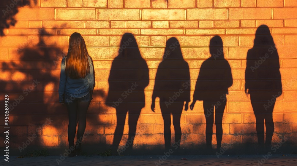 shadows cast by four women on an outdoor brick wall, each woman's ...