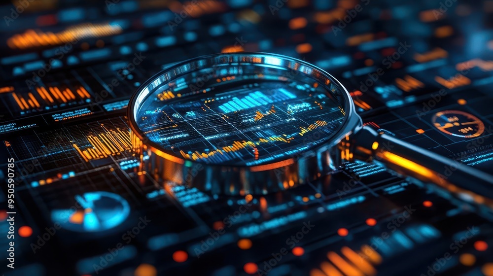 stylized infographic of colorful charts and graphs with magnifying ...