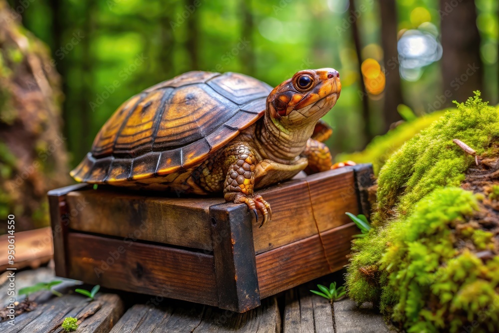 A small, terrestrial ornate box turtle with brown and yellow markings ...
