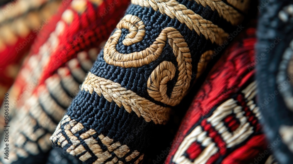 A close-up of traditional Maori woven textiles, representing the ...