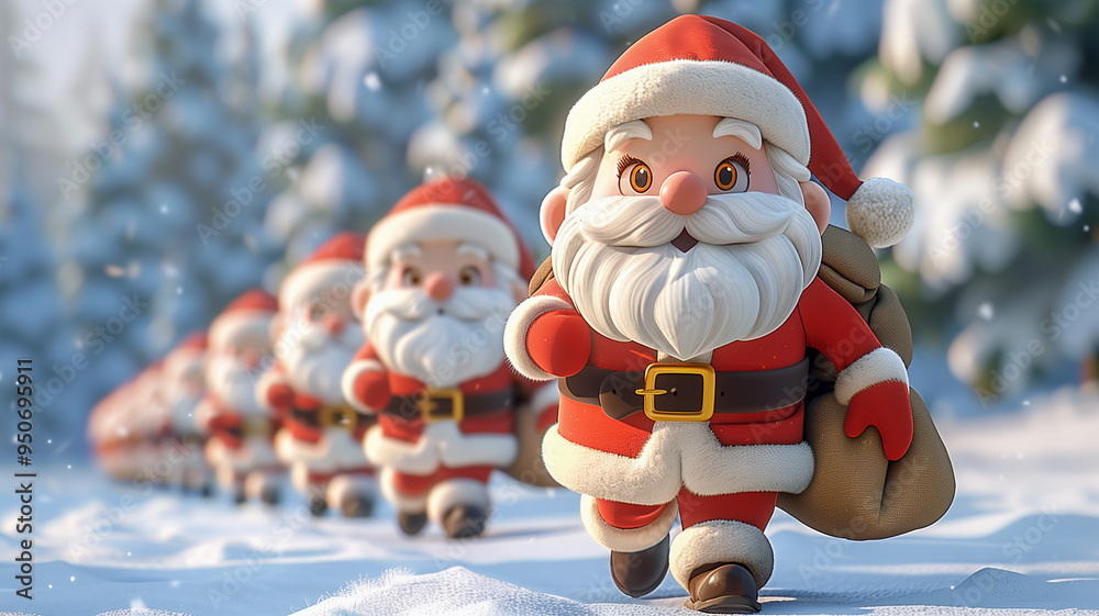 Santa Claus figures in a line walking through snow, winter forest scene ...