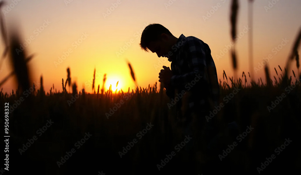 Prayer concept. Silhouette of a man in a praying pose. On his Knees ...