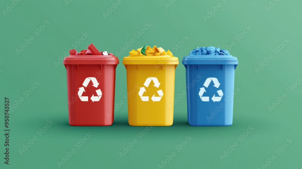 Colorful trash sorting bins for recycling, featuring red, yellow, and ...