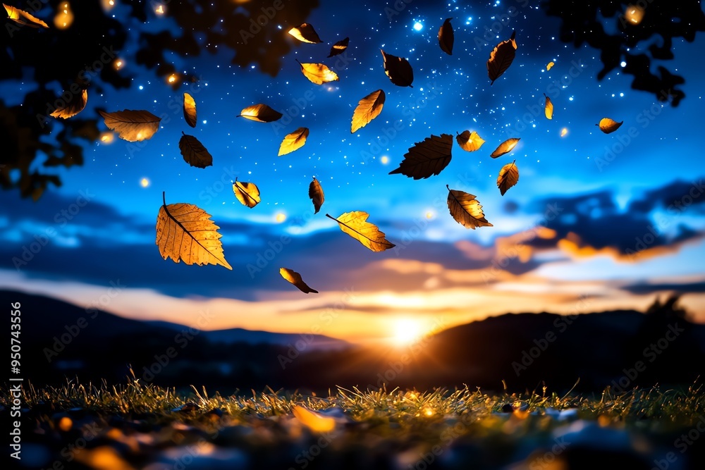 Autumn night sky with stars and leaves, depicted in an artwork where ...