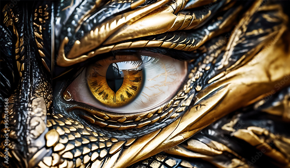 Intimate glimpse into a piercing eye of a golden dragon in realistic ...