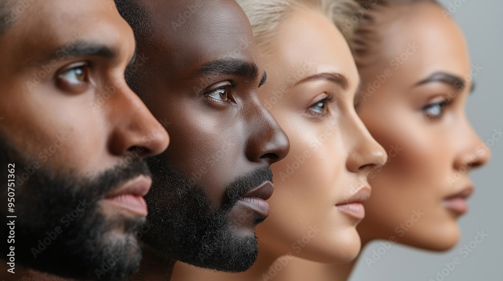 A group of people with different skin tones are lined up, with one man ...