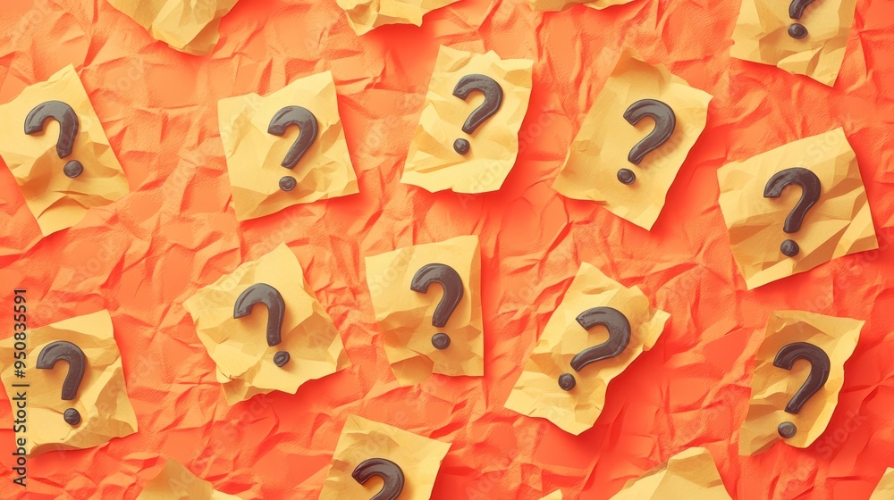 Colored crumpled paper with question marks is a background for quizzes ...