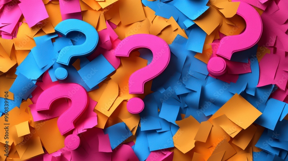 Colored crumpled paper with question marks is a background for quizzes ...