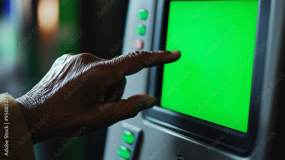 Elderly woman's hand using a touchscreen on a voting machine during a ...