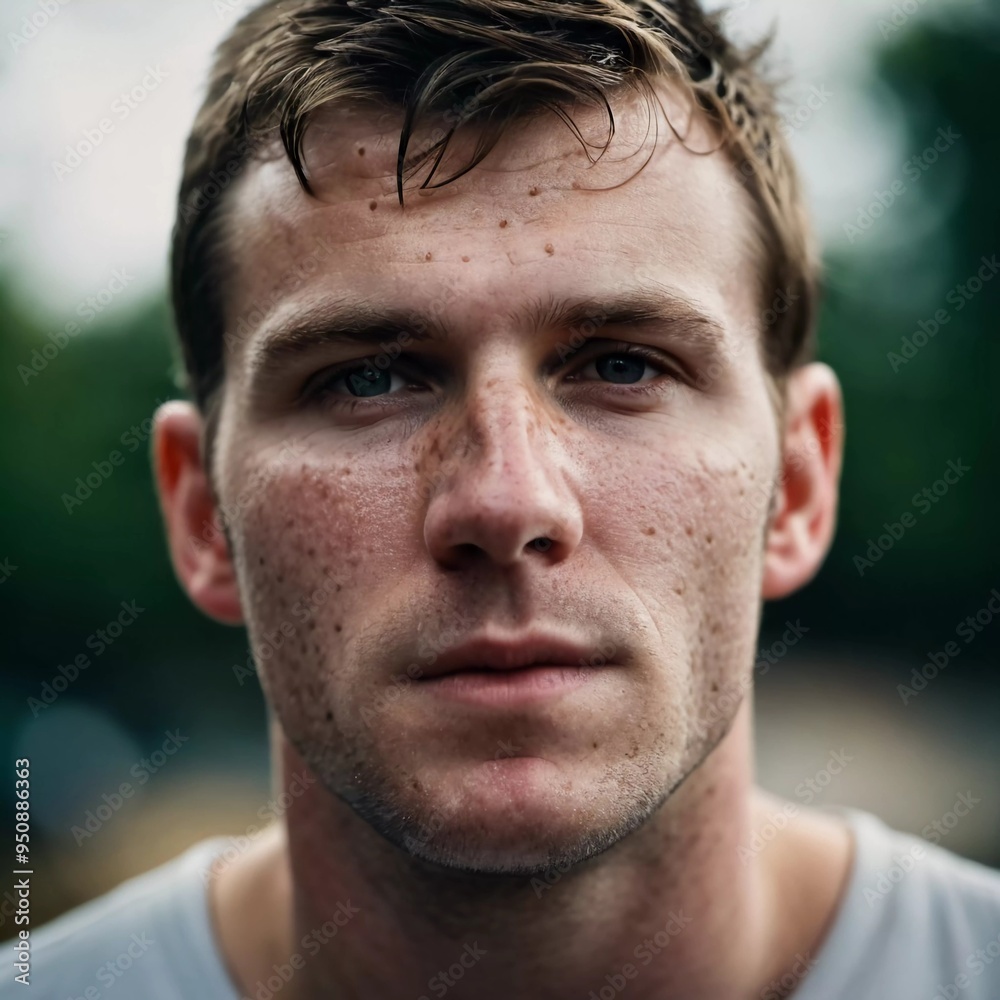 A close-up of a man showing a rash on his face with pimple spots ...