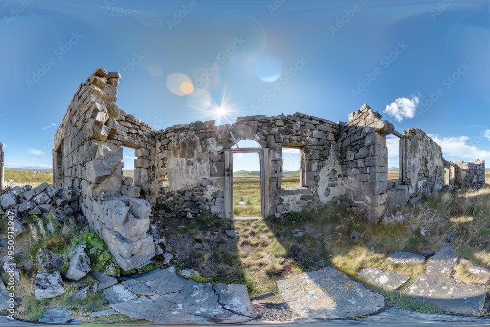 360 degree HDRI panorama near abandoned stone farm building in ...