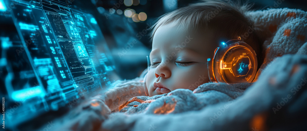 Sleeping baby with futuristic headphones surrounded by digital ...