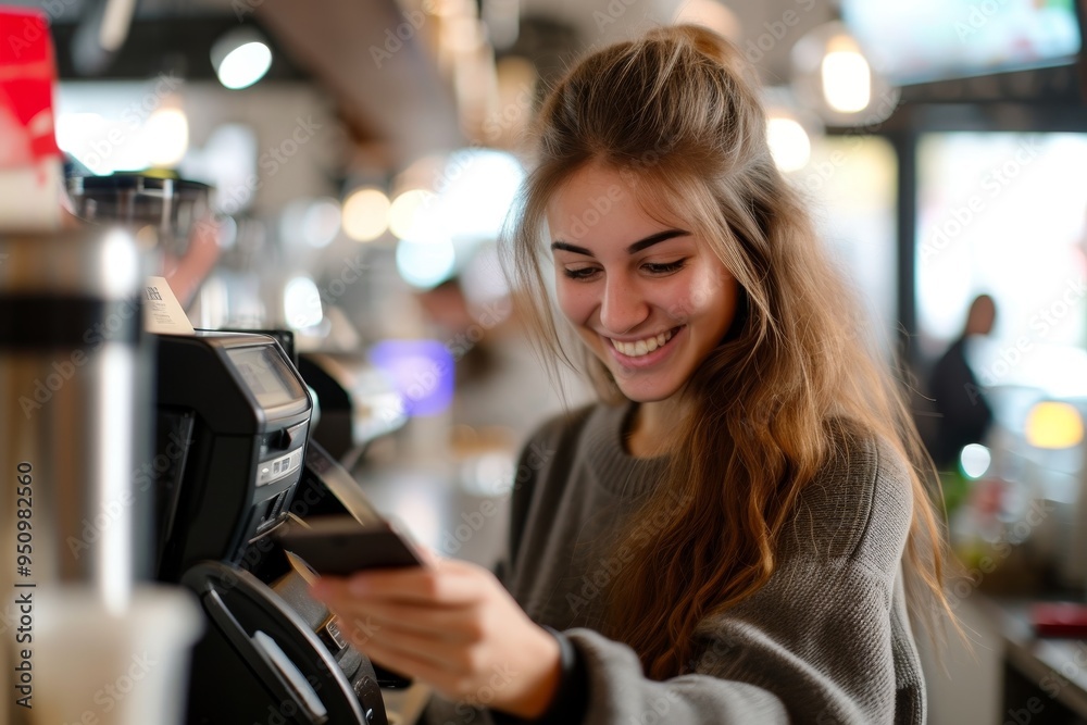 Woman using NFC technology on her smartphone to make a cashless payment ...