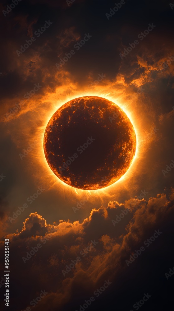 A dramatic depiction of a solar eclipse, with the moon partially ...