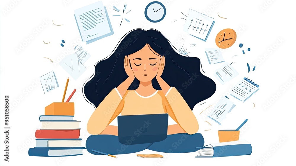 Woman feeling overwhelmed by work. This illustration depicts the ...