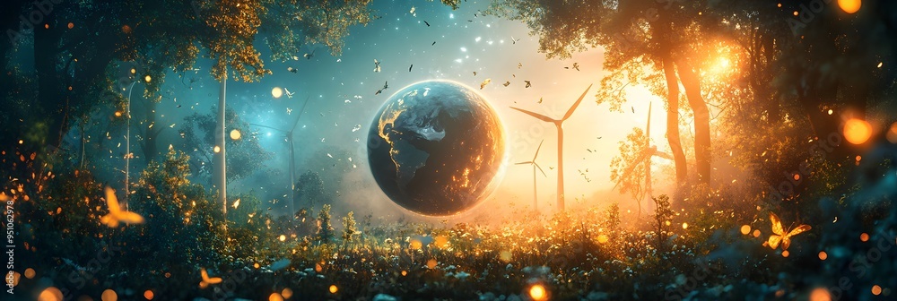 An illustration showing the Earth surrounded by renewable energy ...