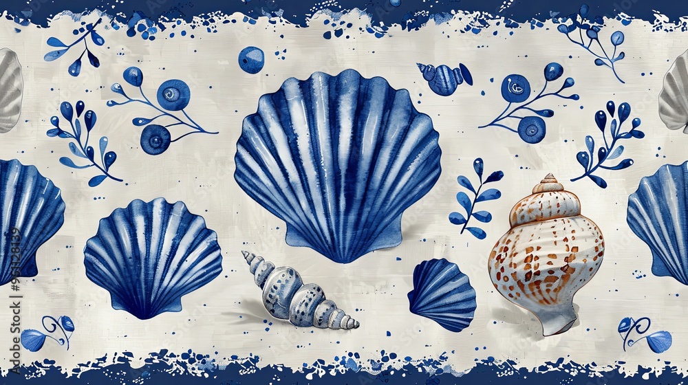 Azure blue white shell motif with linen seamless batik background ...