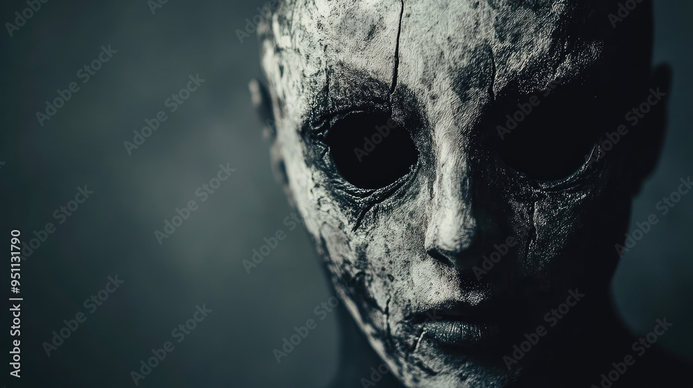Creepy, disfigured mask with elongated features, hollow eyes, and dark ...