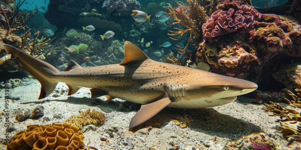Underwater photo of a tawny nurse shark resting on a coral reef with a ...