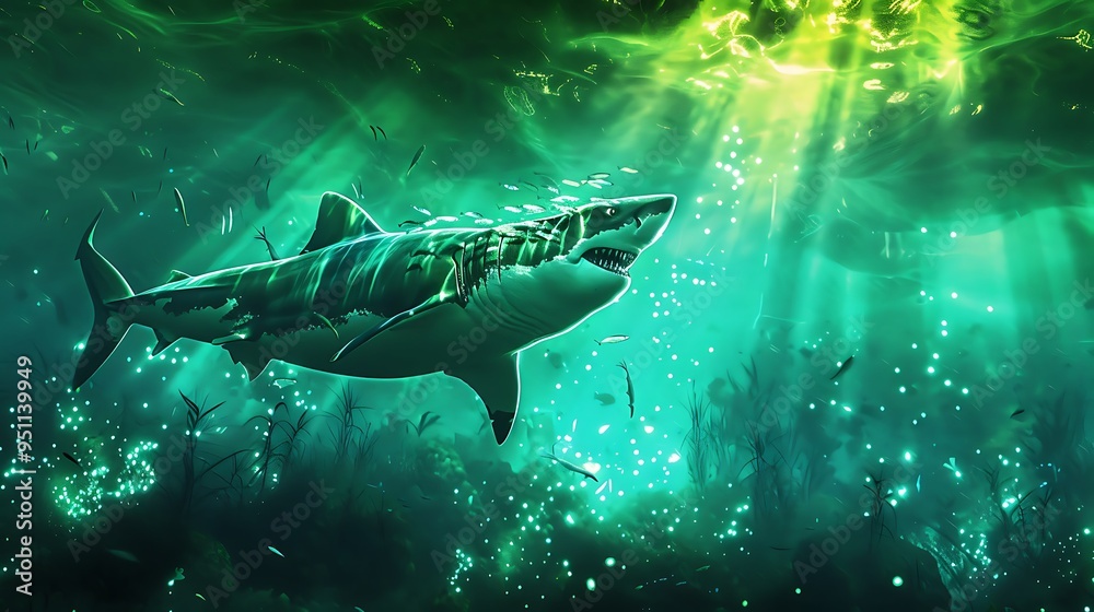 Underwater view of Megalodon stalking large prehistoric fish amidst ...