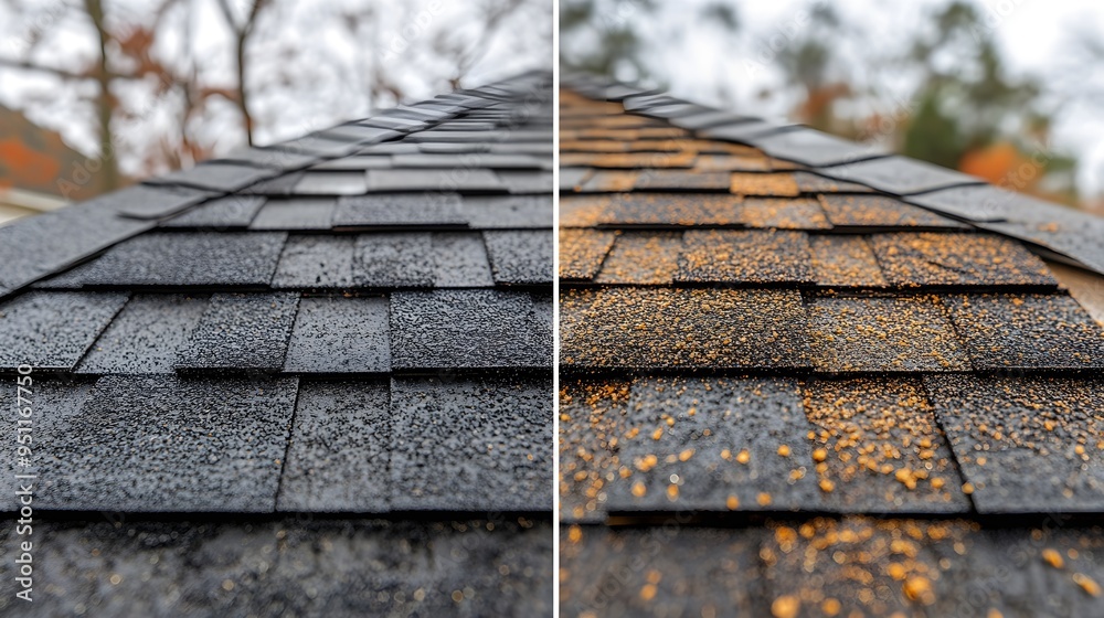 Split-screen image of a shingle roof, showing pre-hailstorm perfect ...
