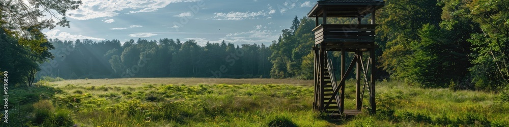 Wildlife observation tower in a forest field for wild boar and other ...