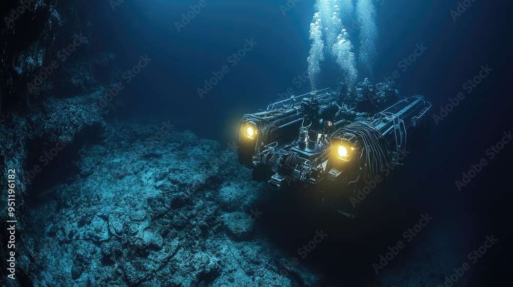 A high resolution shot of a deep sea exploration mission with remotely ...
