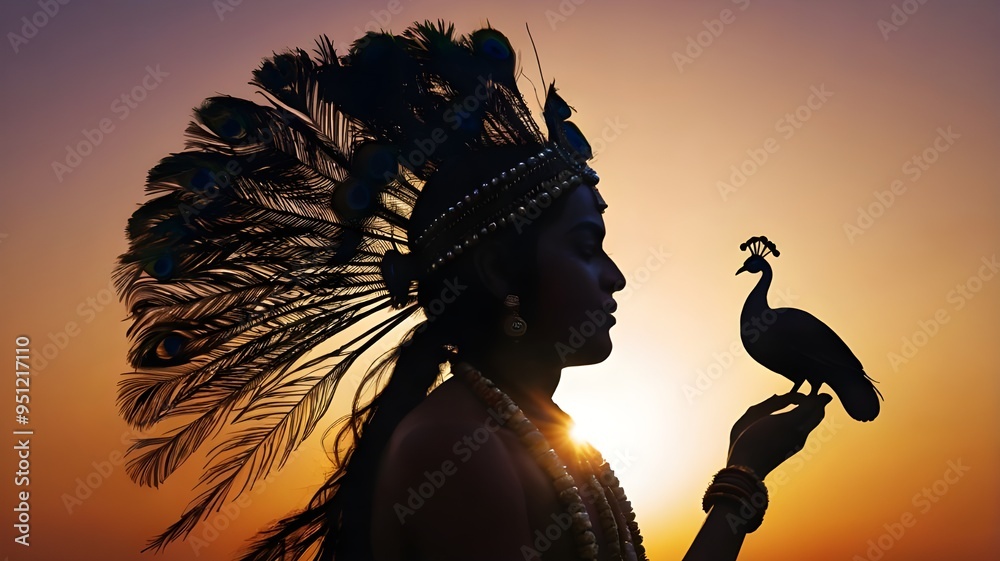 Silhouette of Hindu god Lord Krishna with peacock feather on sunset ...