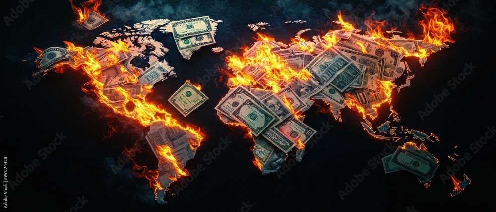World map made of burning money, illustrating global financial crises ...