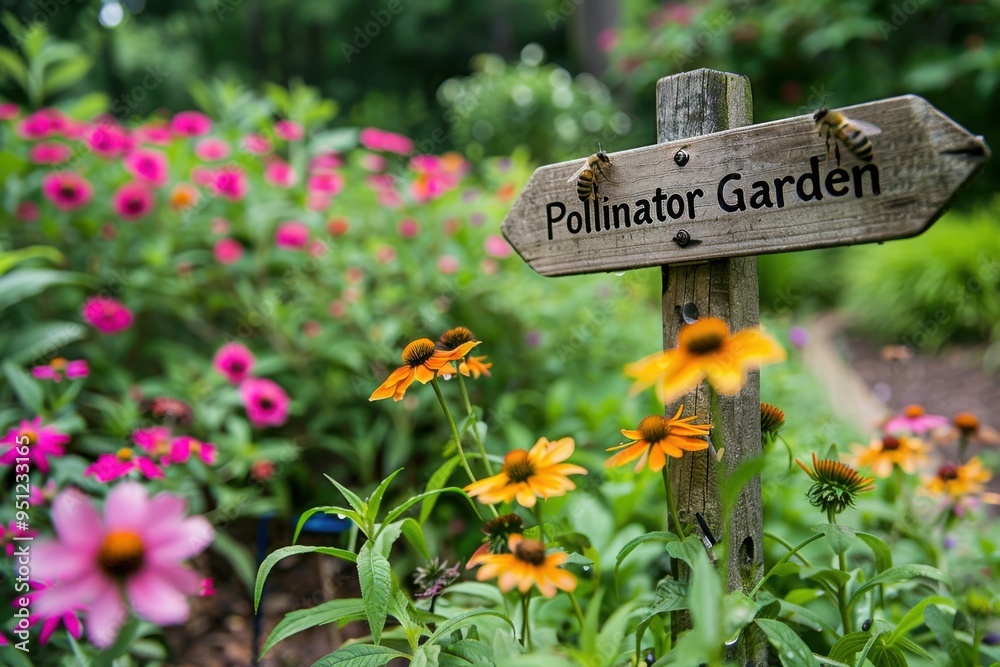 A decorative sign displaying "Pollinator Garden" in a playful script ...