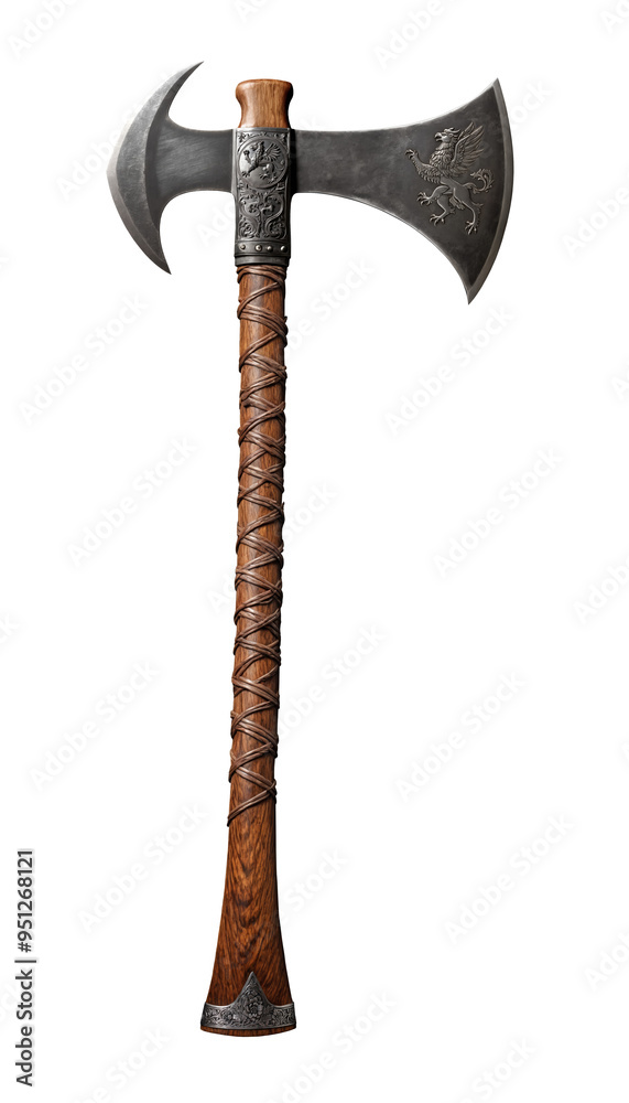 Medieval battle axe with ornate griffin crest isolated on transparent ...