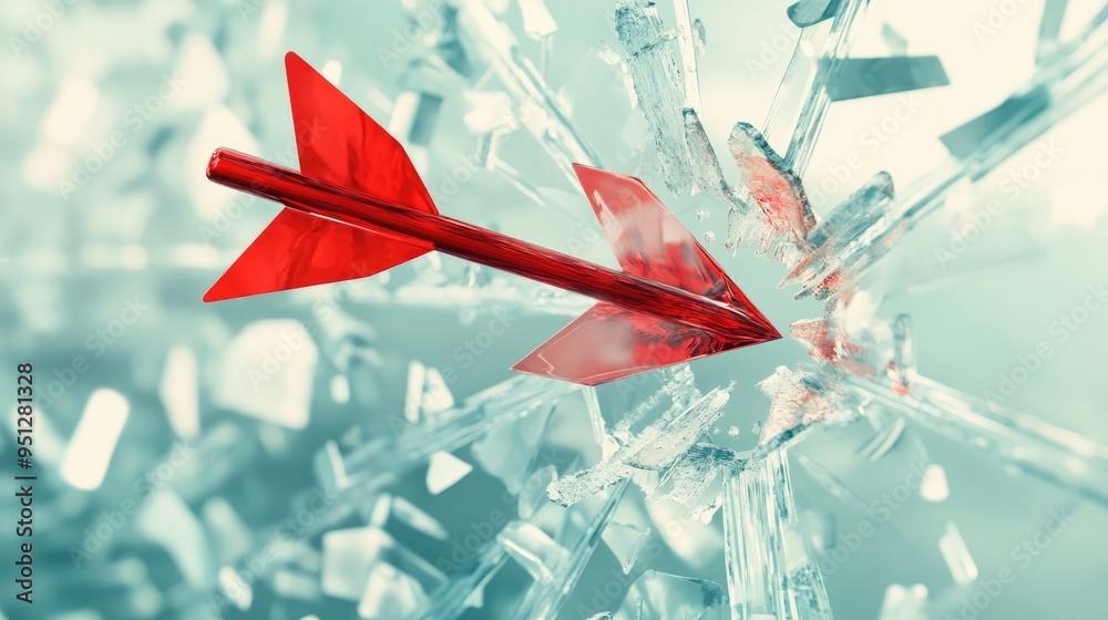 3D render of a red arrow piercing through a glass ceiling, representing ...