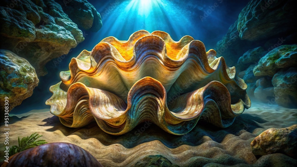 A vibrant cavern aglow, a giant clam's shells whisper secrets of the ...