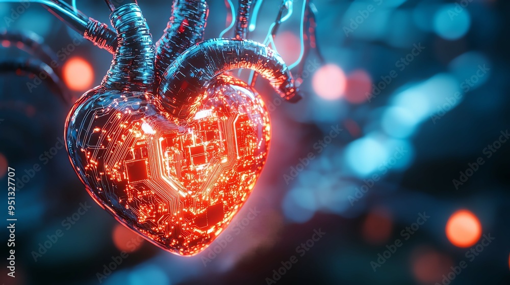 Double exposure art of a human heart with semiconductor circuits ...