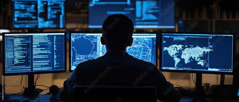 Shadowy hacker in a dark room with multiple monitors showing lines of ...