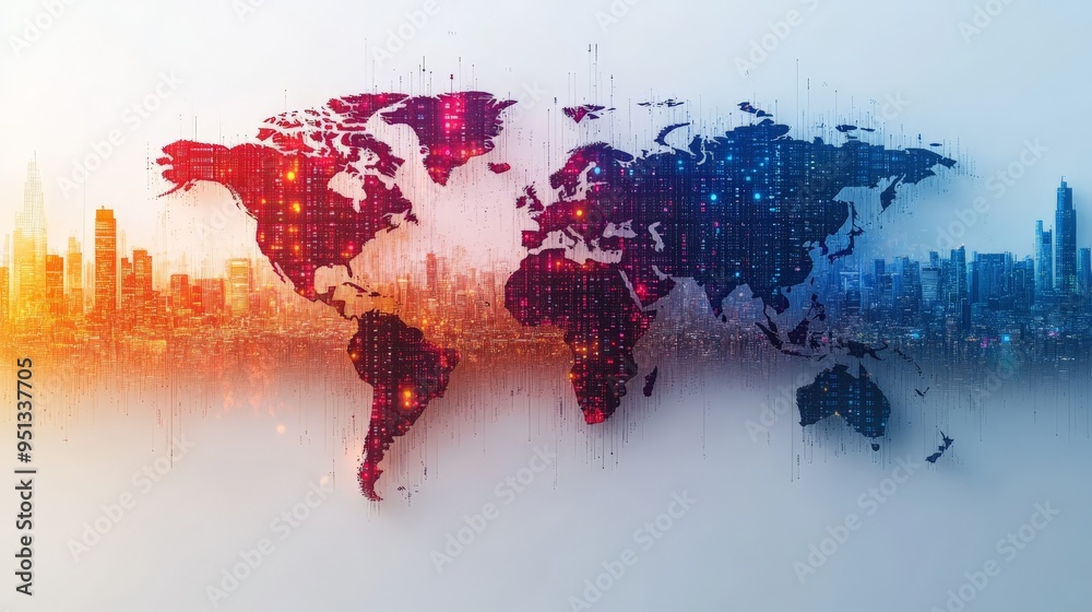 Global Network: A vibrant world map with glowing digital nodes ...