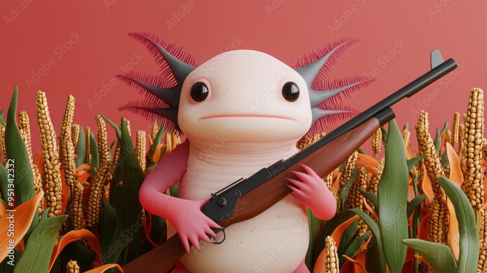 A whimsical character featuring an axolotl holding a rifle amidst ...