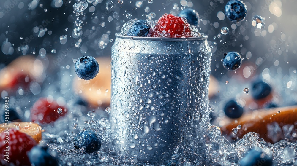 soft-drink can 330ml floating, tilted up slightly, facing camera, little chunks of blue berries ...