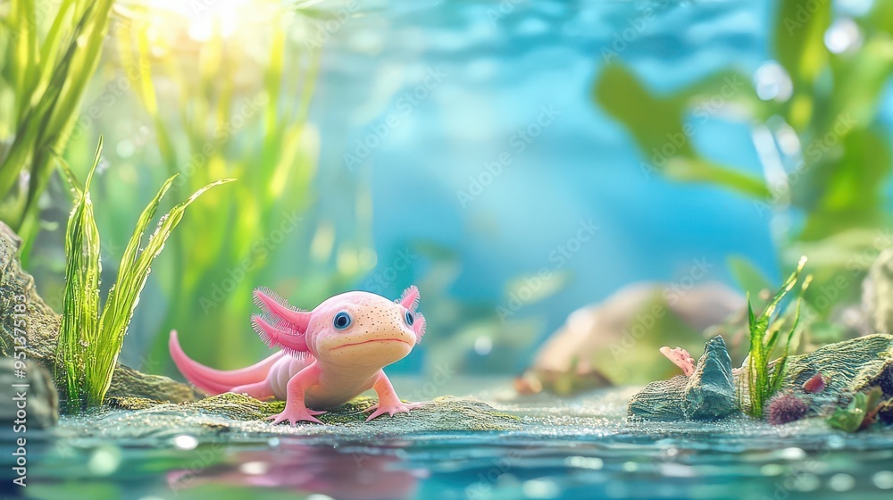 Endangered axolotl in threatened lake habitat captured in a closeup ...
