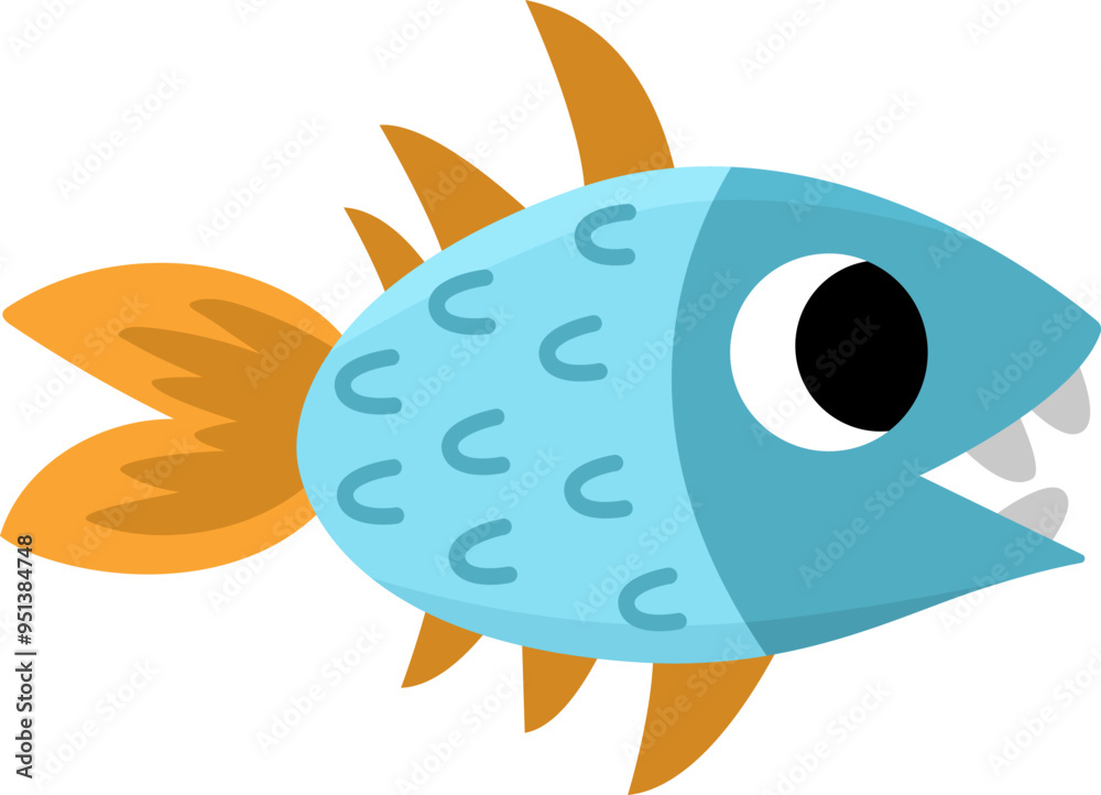 Vector cartoon prehistoric fish icon with teeth. Cute dinosaur ...