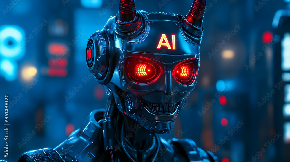 Cyberpunk Robot with Red Eyes and AI Label in a Futuristic City ...