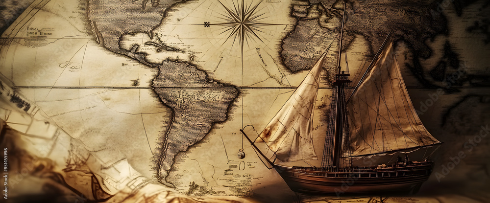 Old sailboat, compass and ancient map historical background. A concept ...