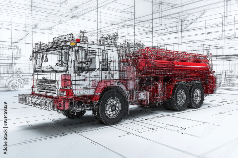 This drawing showcases the intricate cross-section of a fire truck ...