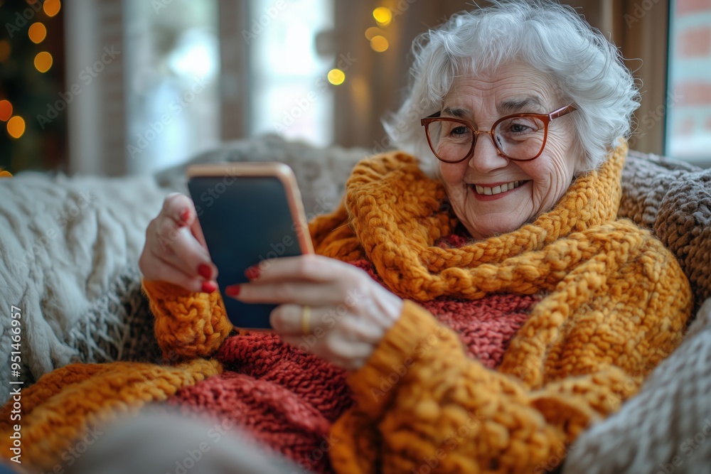 Elderly grandma sitting comfortably on a couch using a smartphone ...