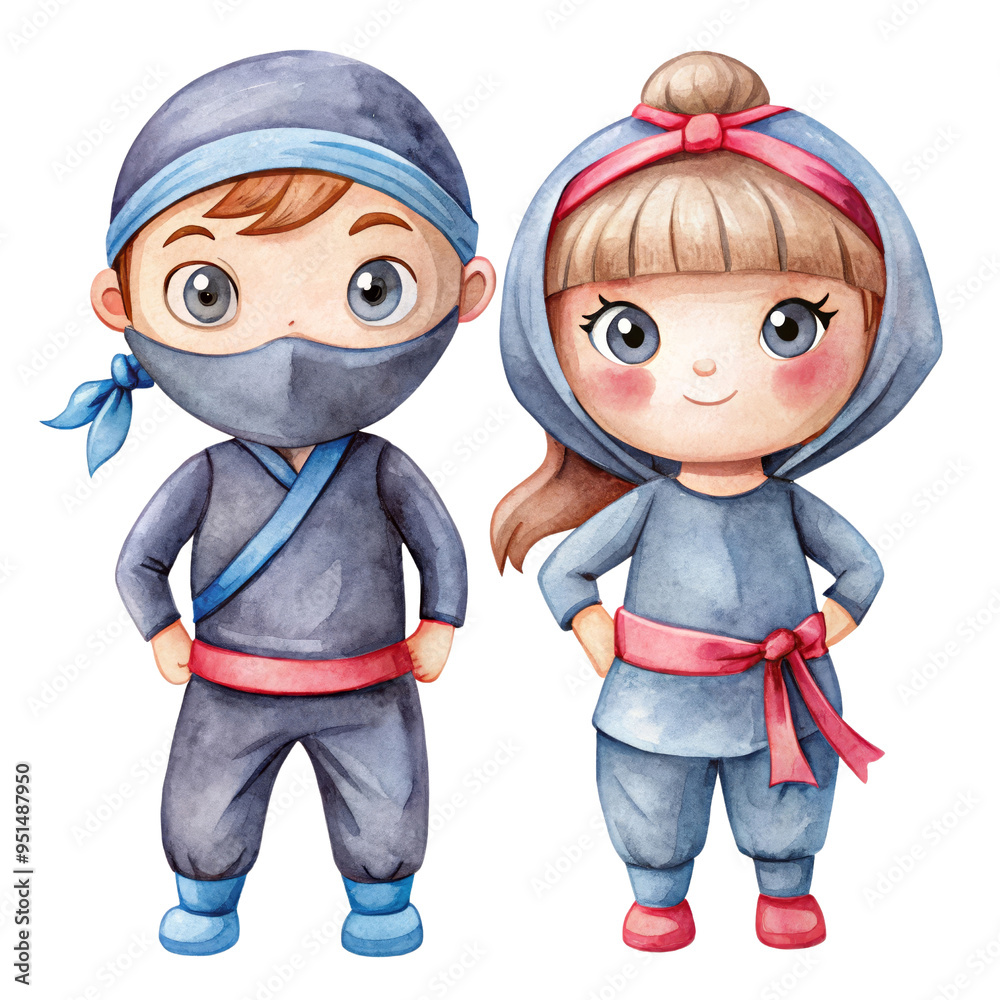 Two adorable cartoon kids dressed as ninjas, symbolizing teamwork ...