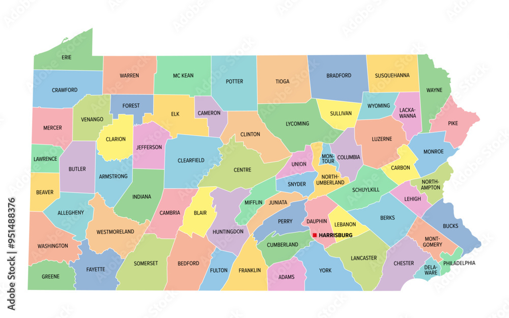 Stockvektorbilden Pennsylvania, U.S. state, subdivided into 67 counties ...