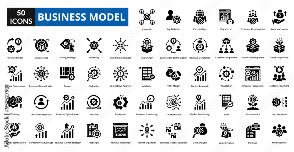 business model icon set collection. Revenue Stream, Value Proposition ...