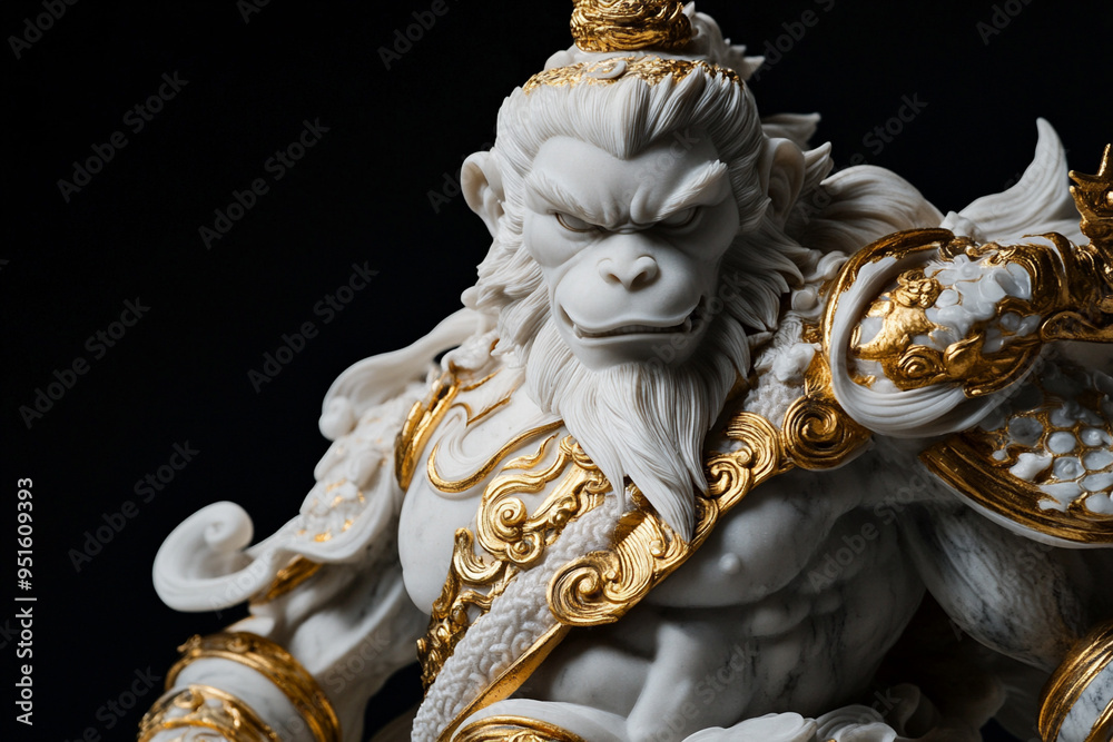 Wukong, The Monkey King, White marble sculpture, gold, gilding, full ...