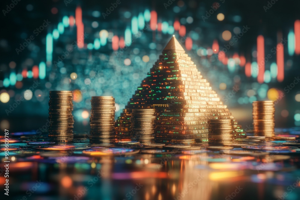 A striking pyramid made of gold coins stands tall amidst a vibrant ...