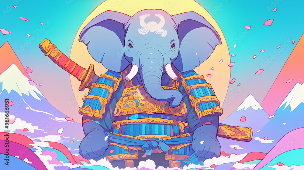 Cute elephant wearing Japanese samurai armor, cool poses, cute kawaii ...